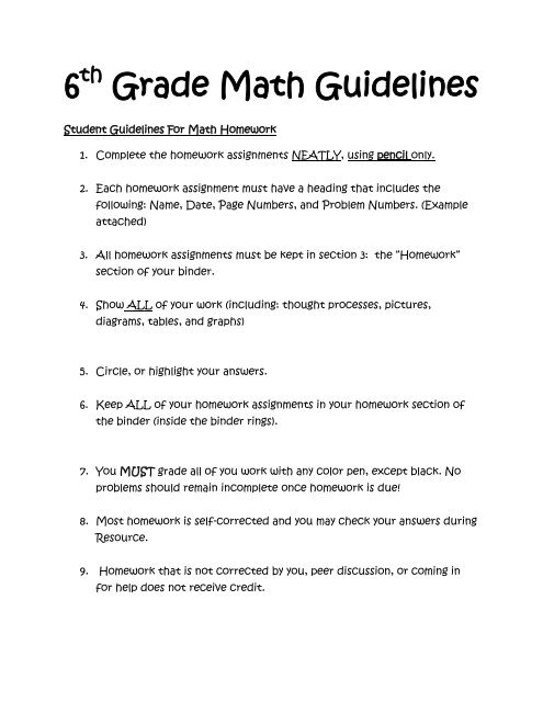 6 Grade Math Guidelines