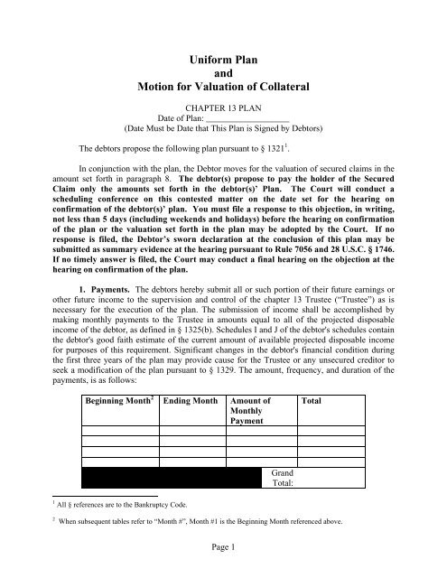 Uniform Plan and Motion for Valuation of Collateral