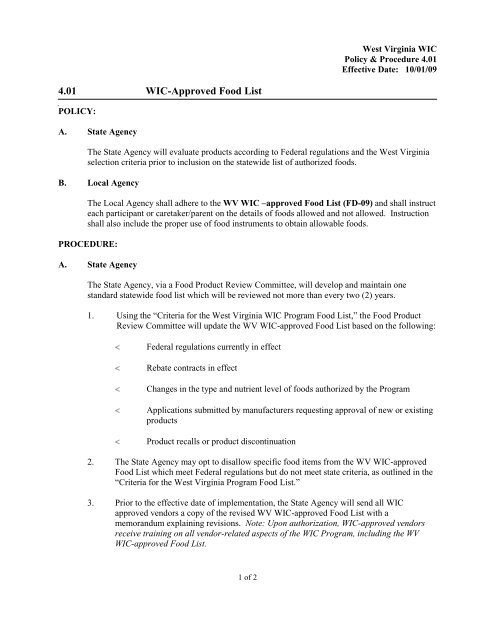 4.01 WIC-Approved Food List - West Virginia WIC