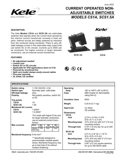 current operated non- adjustable switches models cs1a, scs1.5a - Kele