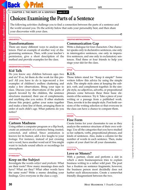 Choices: Examining the Parts of a Sentence