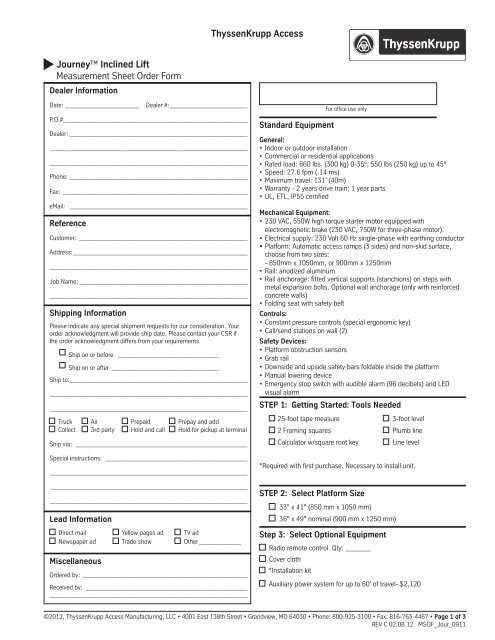 Journeyâ ¢ Inclined Lift Measurement Sheet Order Form ...