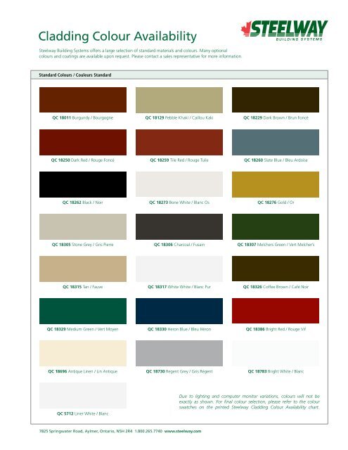 Cladding Colour Availability - Steelway.com