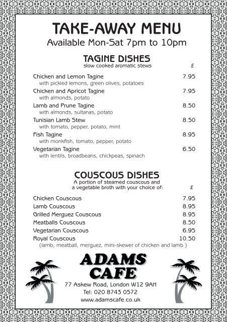 TAKE-AWAY MENU - Adams Cafe
