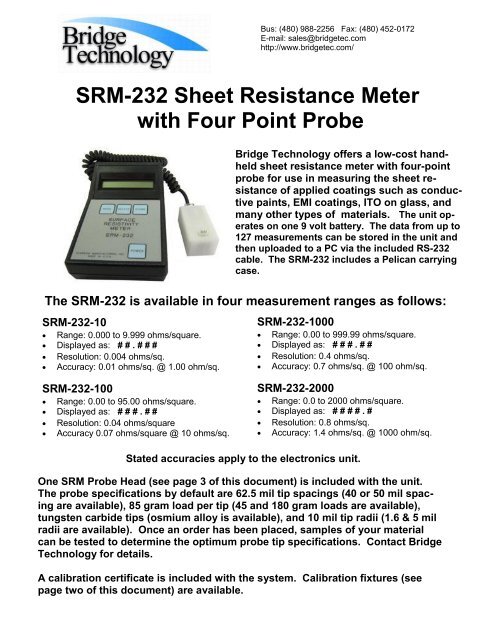 SRM-232 Sheet Resistance Meter with Four ... - Four Point Probes