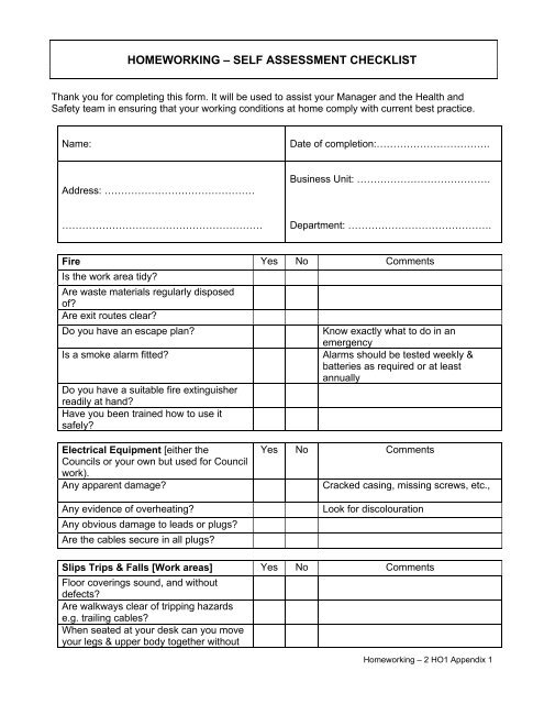 Home working self assessment checklist - Torbay Council