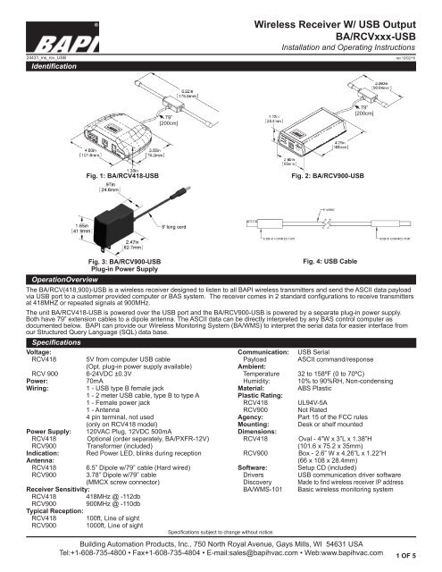 Wireless Receiver W/ USB Output BA/RCVxxx-USB - BAPI