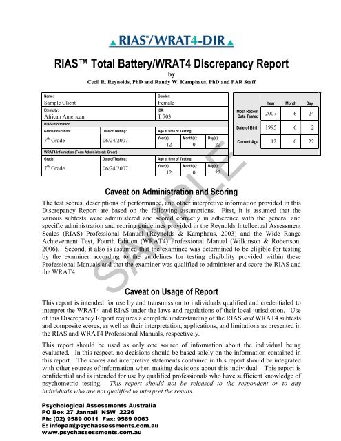 RIAS/WRAT4-DIR Discrepancy Report - Psychological Assessments ...