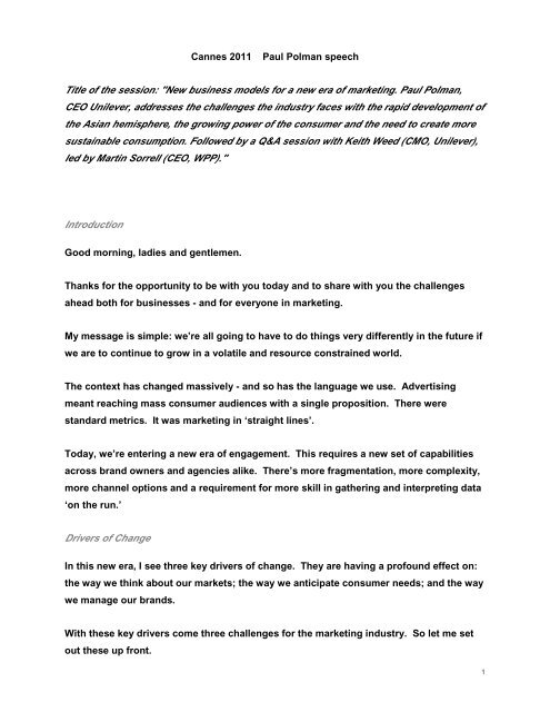 Speech: New business models for a new era of marketing - Unilever