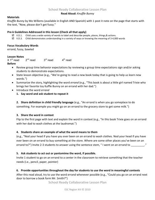 School Ready Collaborative Lesson Plan School Ready ... - Region 13