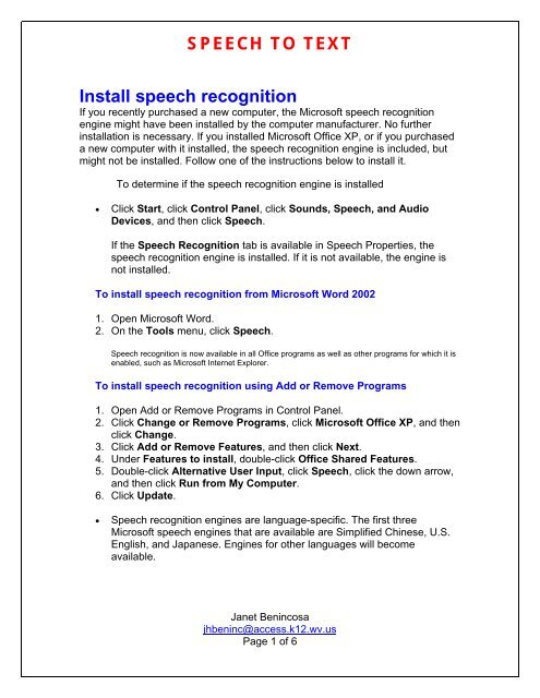 SPEECH TO TEXT Install speech recognition