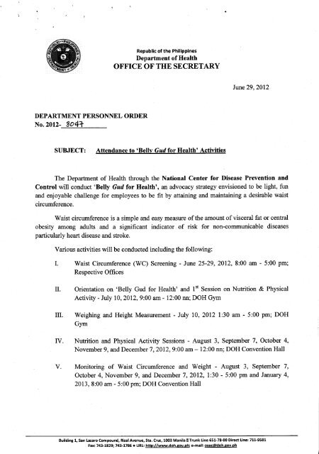 DEPARTMENT PERSONNEL ORDER - Department of Health