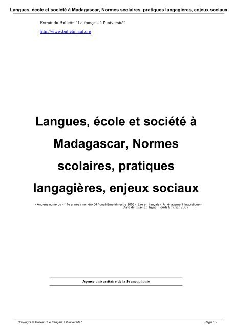 Langues, école et société à Madagascar, Normes scolaires ... - AUF
