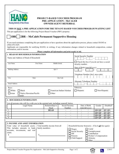 PBV Waitlist Pre-Application McCaleb Supportive Housing