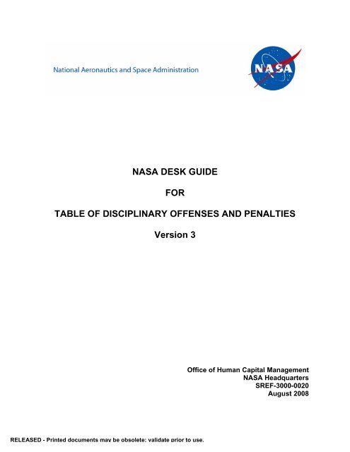 NASA Desk Guide for Table of Disciplinary Offenses and Penalties