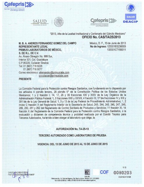 Dictamen COFEPRIS para tercero autorizado ... - PrimusLabs.com