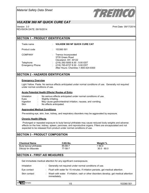 Vulkem 360NF Quick Cure Catalyst MSDS - Tremco Sealants