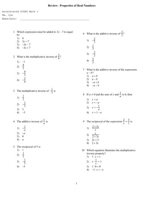 Properties Of Real Numbers Worksheet Ms Cox s Website