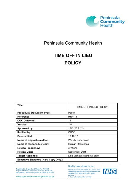 Time Off In Lieu Policy