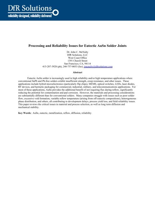Processing and Reliability Issues for Eutectic AuSn ... - DfR Solutions