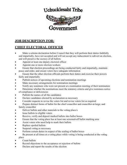 JOB DESCRIPTION FOR: CHIEF ELECTORAL OFFICER