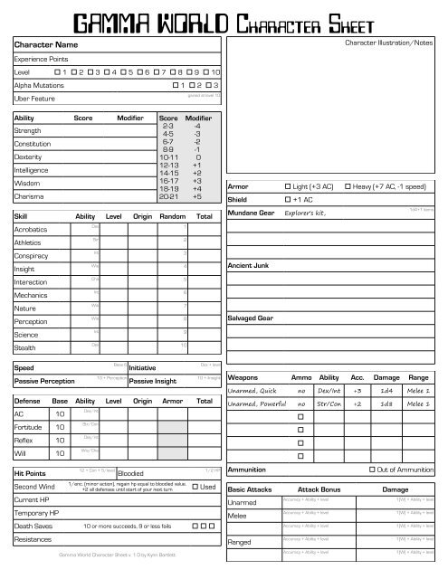 GAMMA WORLD Character Sheet - Bold Pueblo Games
