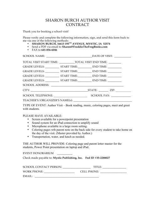 SHARON BURCH AUTHOR VISIT CONTRACT