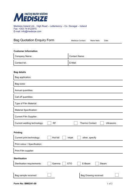 BAG SALES ENQUIRY FORM - Medisize