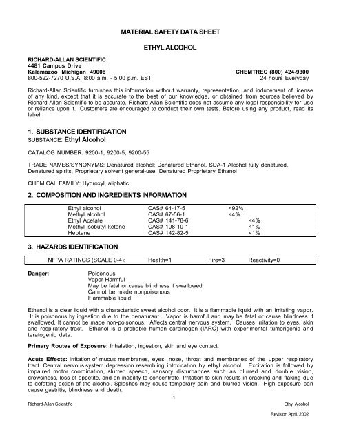 material safety data sheet ethyl alcohol - Grice Marine Laboratory material safety data sheet ethyl alcohol - Grice Marine Laboratory