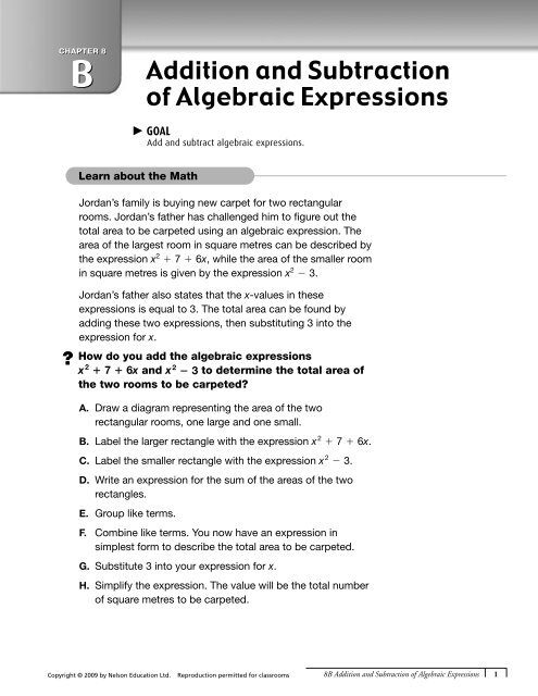 Addition and Subtraction of Algebraic Expressions - Nelson Education