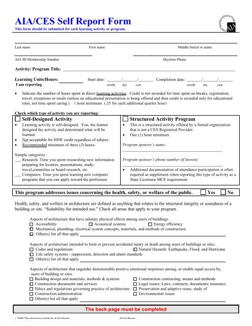 AIA/CES Self Report Form