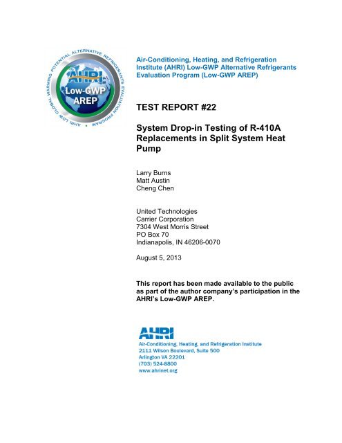 TEST REPORT #22 System Drop-in Testing of R-410A ... - AHRI