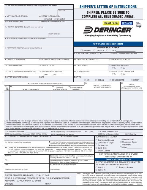 SHIPPER S LETTER OF INSTRUCTIONS SHIPPER Deringer