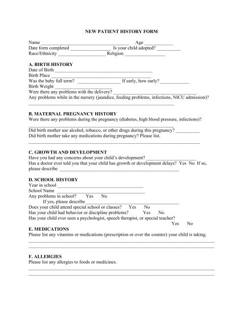 New Patient History Form - Witham Health Services