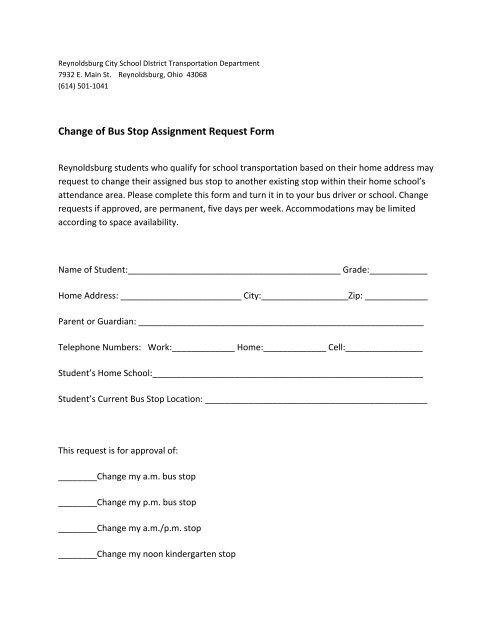 Change Bus Stop Request - Reynoldsburg City Schools