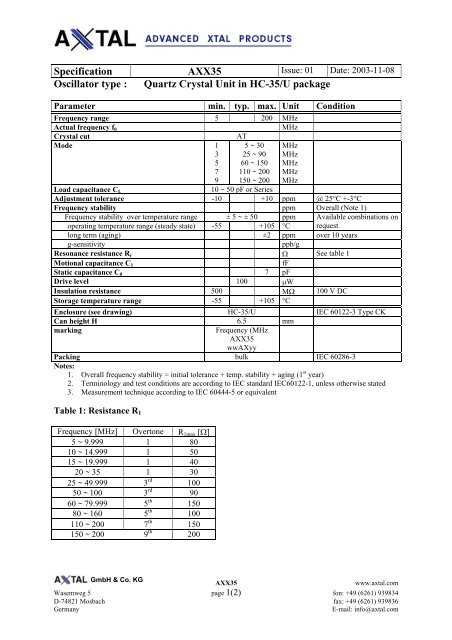 Specification AXX35 Oscillator type : Quartz Crystal Unit in ... - AXTAL