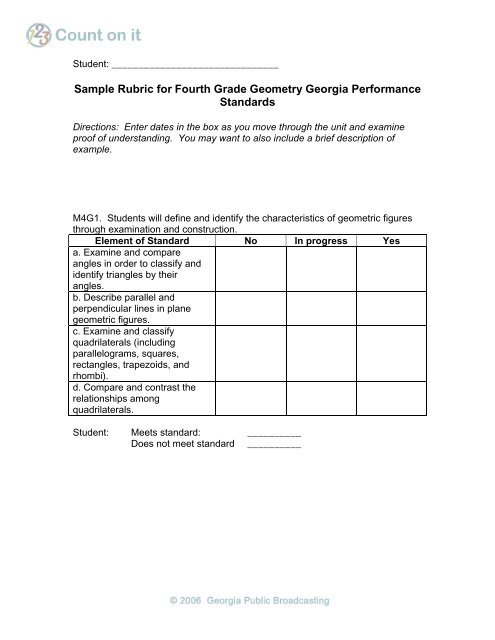 Sample Rubric for Fourth Grade Geometry Georgia Performance ...