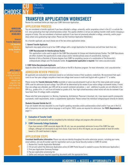 TRANSFER APPLICATION WORKSHEET - CUNY