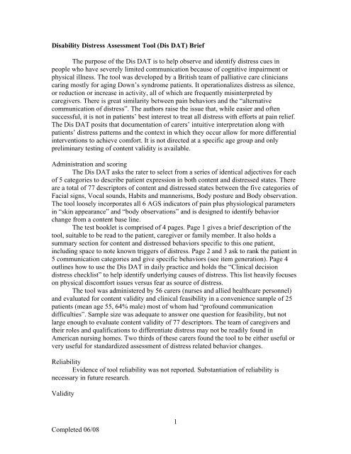 1 Completed 06/08 Disability Distress Assessment Tool (Dis DAT ...