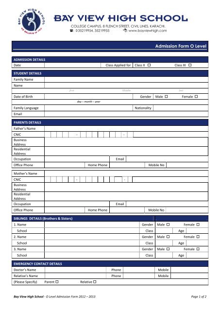 Admission Form O Level - Bay View High