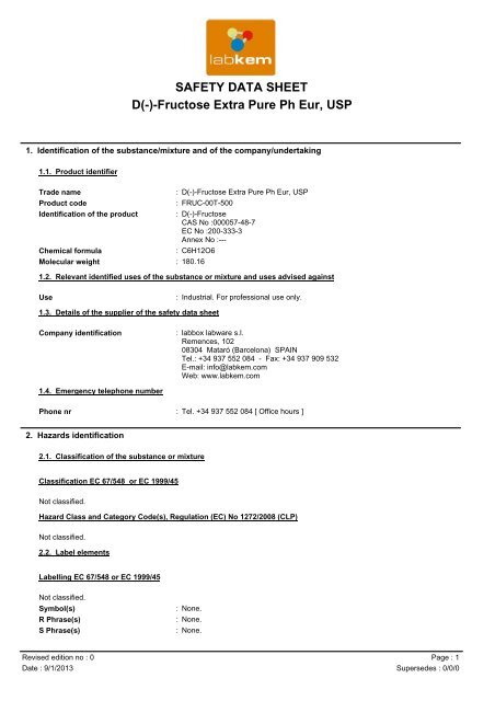 SAFETY DATA SHEET D(-)-Fructose Extra Pure Ph Eur, USP - Labbox