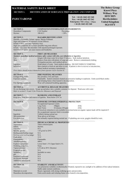 INJECTABOND MATERIAL SAFETY DATA SHEET - The Robex Group
