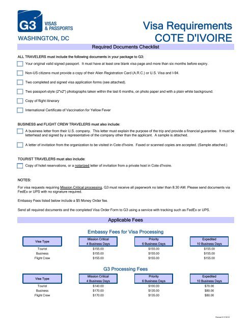 Visa Requirements COTE D'IVOIRE - G3 Visas & Passports