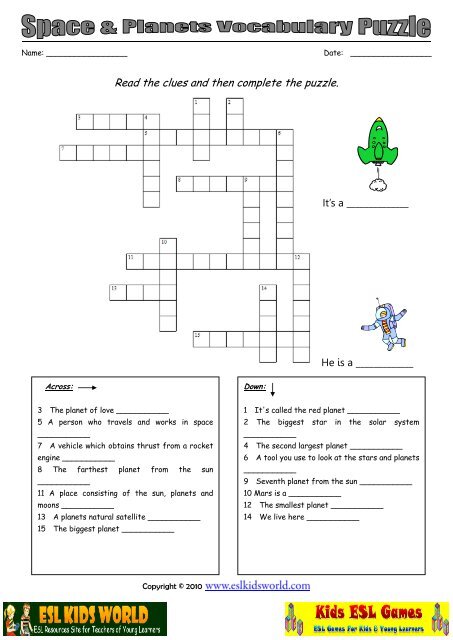 Space Vocabulary Puzzle Worksheet - ESL Kids World
