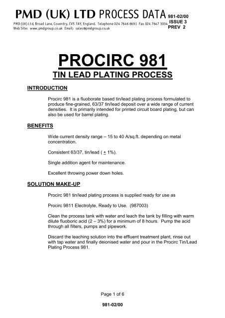 procirc 981 tin lead plating process - PMD Chemicals