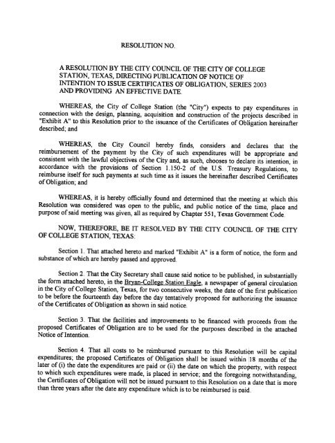 resolution authorizing publication of notice of intention to issue ...