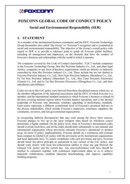 FOXCONN GLOBAL CODE OF CONDUCT POLICY Social and ...