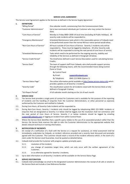 Service Level Agreement - Cobweb Solutions