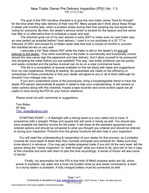 New Trailer Owner Pre Delivery Inspection (PDI) Ver. 1.3 - Angelfire