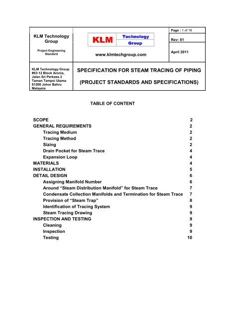 specification for steam tracing of piping - KLM Technology Group